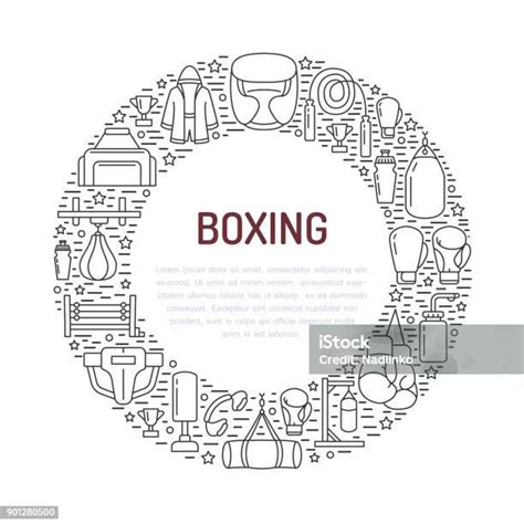권투 포스터 템플릿입니다 벡터 스포츠 훈련 선 아이콘 장비원형 그림 Punchbag 권투 장갑 반지 무거운 가방 박스 클럽 배너