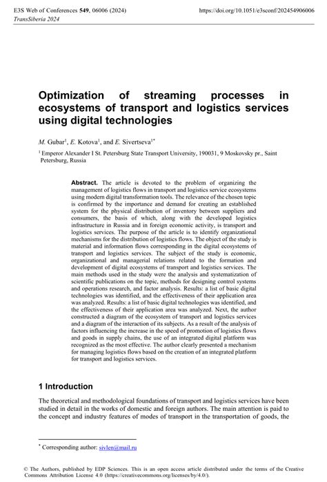 Pdf Optimization Of Streaming Processes In Ecosystems Of Transport And Logistics Services