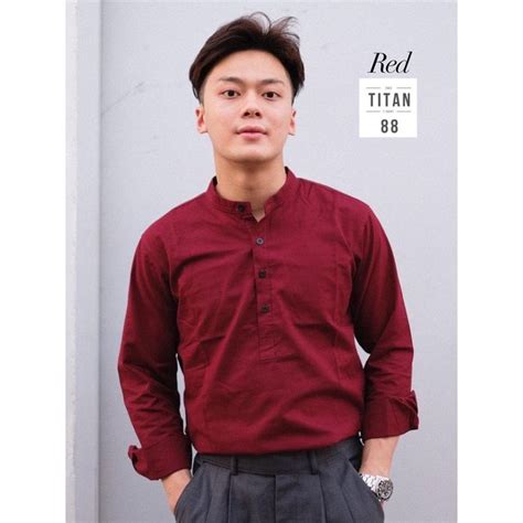 เสื้อเชิ้ตผู้ชายสีแดงเลือดหมู ผ้าoxford คอจีนกระดุม4เม็ด แขนยาว ใส่สบาย ระบายความร้อนได้ดี