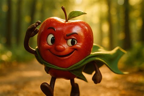 Dongho 익살맞은 표정을 지닌 의인화 사과 캐릭터가 흩날리는 망토를 두르고 숲속을 활보합니다 반짝이는 아침 햇살 아래 숲길을 장난스러운 표정으로 걷는 그 모습은