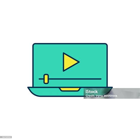 흰색 배경에 격리 된 온라인 재생 비디오 아이콘을 입력 된 개요 플레이 기호와 노트북과 필름 스트립 벡터 가득 찬에 대한 스톡 벡터 아트 및 기타 이미지 Istock