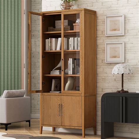 906 Tall Storage Cabinet With Glass Doors Solid Wood Bookcase With