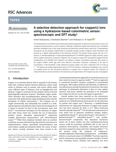 Pdf A Selective Detection Approach For Copper Ii Ions Using A Hydrazone Based Colorimetric