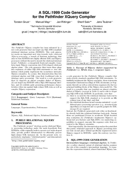 Pdf A Sql 1999 Code Generator For The Pathfinder Xquery Compiler