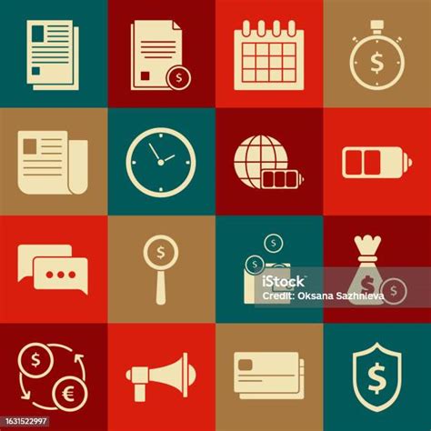 달러 기호 돈 가방 및 동전 배터리 충전 수준 표시기 달력 시계 파일 문서 및 지구 지구 아이콘으로 방패를 설정합니다 벡터 Brand Name Online Messaging