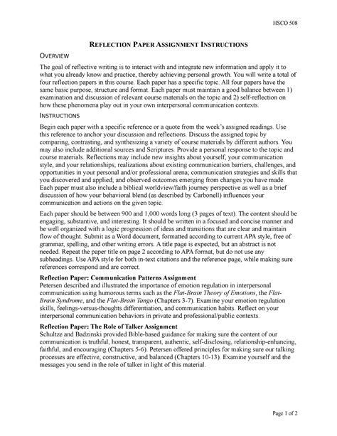 Reflection Paper Assignment Instructions Hsco 508 Reflection Paper