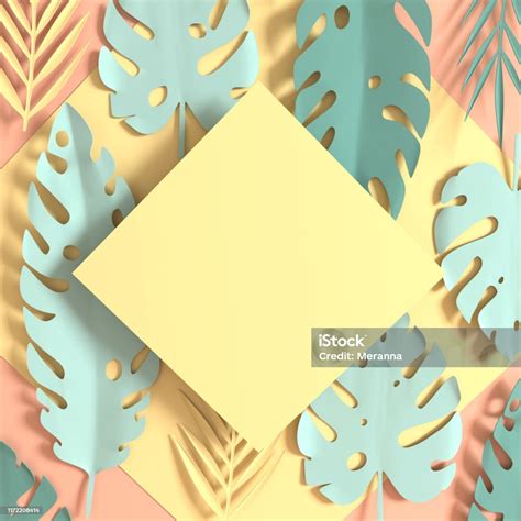 열대 종이 야자수 잎입니다 여름 열대 파스텔 색잎 종이 접기 이국적인 하와이 정글 단풍 여름 배경입니다 종이 잘라내기 최소한의 스타일 3d 렌더링 0명에 대한 스톡 사진 및