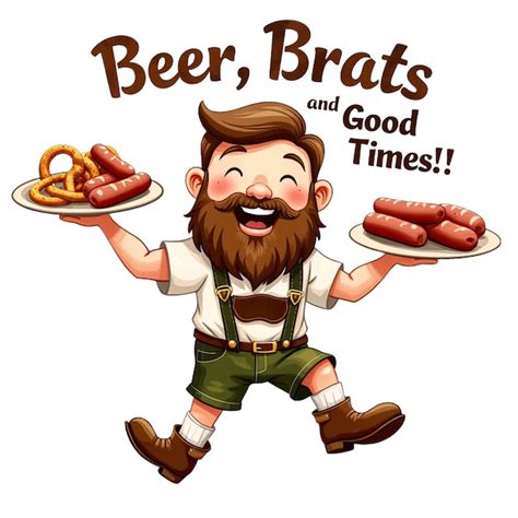 Bearded Man In Lederhosen With Beer Brats And Pretzels Good Times