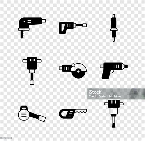 설정 전기 퍼즐 회전 해머 드릴 머신 납땜 철 잎 정원 송풍기 왕복 건설 잭해머 앵글 그라인더 아이콘 벡터 Rotary International에 대한 스톡 벡터 아트 및