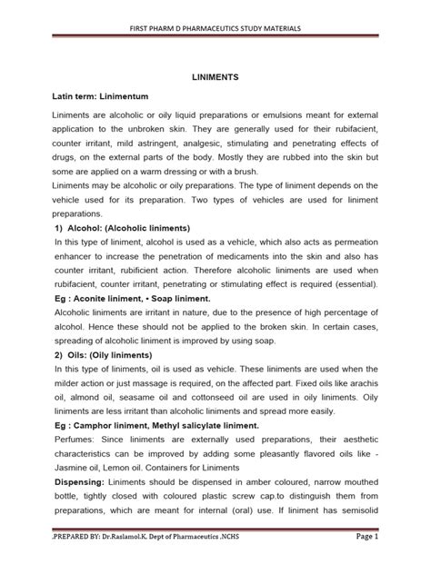 Liniments 1 St B Pharm And 1st Pharm D Notes Download Free Pdf