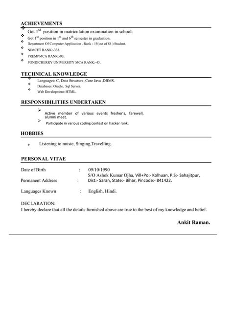 Ankit Raman Resume With Sound Knowledge Of Data Structure C Language