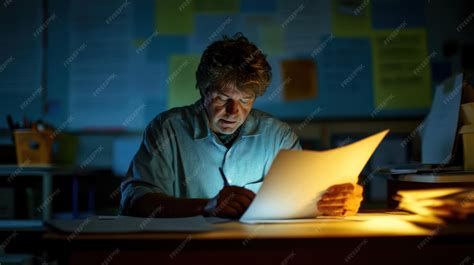 A Teacher Working Late Into The Evening In A Dimly Lit Classroom