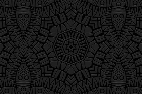 양각 된 검은 배경 표지 디자인 배너 기하학적 부족 원래 3d 패턴입니다 민족 장신구 아라베스크 만다라 수제 이국적인 동쪽 아시아 인도 멕시코 아즈텍의 모티브 3차원 형태에
