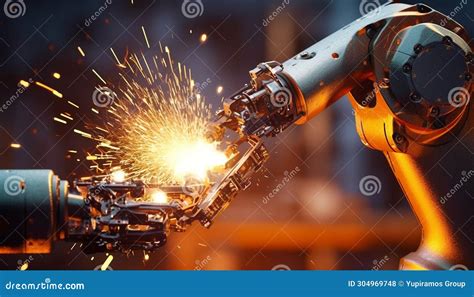 Automated Robotic Arm Welding Steel In Futuristic Metal Industry
