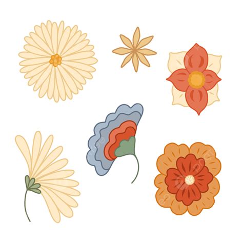 복고풍 그루비 꽃과 줄기 세트 세트 단순한 꽃 Png 일러스트 및 벡터 에 대한 무료 다운로드 Pngtree