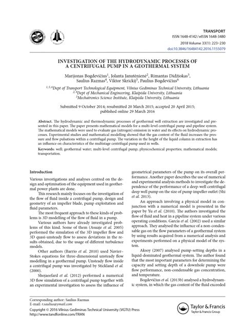 Pdf Investigation Of The Hydrodynamic Processes Of A Centrifugal Pump In A Geothermal System