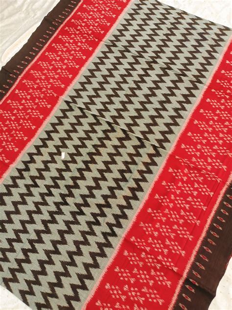 Red And Black Triple Layer Sambalpuri Cotton Saree With Zigzag Middle Layer Odishaweaves