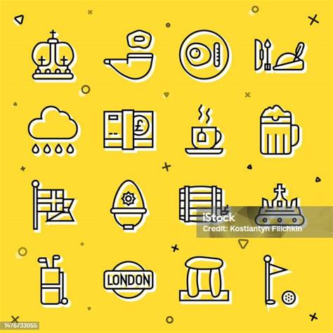 세트 라인 골프 깃발 영국 왕관 나무 맥주 잔 아침 식사 파운드 스털링 돈 비가 내리는 구름 티백 티백 아이콘 한잔 벡터 가방에 대한 스톡 벡터 아트 및 기타 이미지