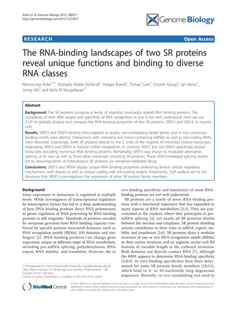 PDF The RNA Binding Landscapes Of Two SR Proteins Reveal Unique Functions And Binding To