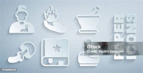 고대 마법 책 박격포와 유봉 실로시빈 버섯 물약이 든 병 불을 들고 있는 손 마법사 흑마법사 아이콘을 설정합니다 벡터 3차원 형태에 대한 스톡 벡터 아트 및 기타 이미지