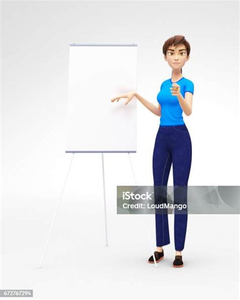 제품 플립 차트 이랑 고 진지 하 고 엄격한 제니3d 만화 여성 캐릭터 캐주얼 옷에 빈 보드 3차원 형태에 대한 스톡 벡터 아트 및 기타 이미지 Istock