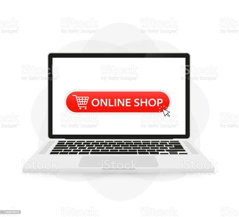 노트북의 온라인 판매 버튼 온라인 쇼핑 천막으로 노트북을 엽니 다 온라인 상점 개념입니다 마케팅 및 프로모션 전자 상거래에 대 한 배너입니다 벡터 그림 가상현실에 대한 스톡
