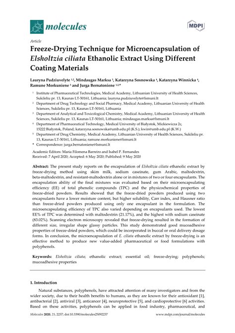 Pdf Freeze Drying Technique For Microencapsulation Of Elsholtzia Ciliata Ethanolic Extract