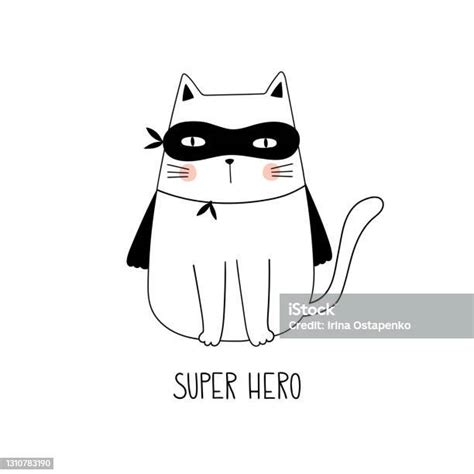 슈퍼 영웅 손 은 흰색 배경에 고립 된 벡터 레터링 따옴표와 귀여운 고양이를 그린 벡터 그림입니다 낙서 만화 스타일 포스터 티셔츠 엽서에 적합합니다 애완고양이에 대한 스톡
