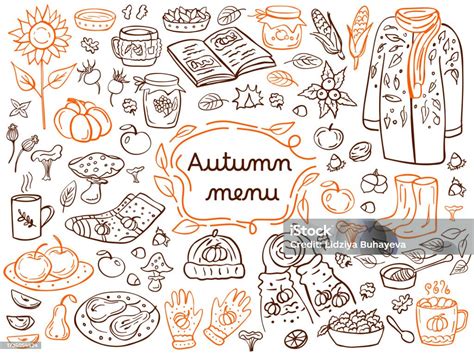 가을 메뉴 카드 나뭇잎 버섯 가을 옷 뜨거운 음료 잼 사과 벡터 그림입니다 가을 메뉴 색칠 공부 인사말 카드 인쇄물에 적합합니다 10월에 대한 스톡 벡터 아트 및 기타
