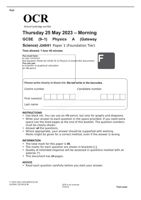 Ocr Gcse 9 1 Physics A Gateway Science J249 01 Paper 1 Foundation Tier June 2023 Question