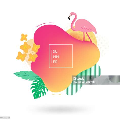여름 배너 템플릿입니다 계절 디자인에 대 한 꽃 플라밍고 새 트로픽 유체 버블 카드 브로셔 프로 모션 배지와 열 대 액체 기하학적 모양 배경 벡터 일러스트 0명에 대한 스톡