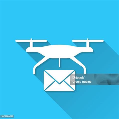 우편물과 배달 드론 파란색 배경에 아이콘 긴 그림자가 있는 평면 디자인 3차원 형태에 대한 스톡 벡터 아트 및 기타 이미지 3차원 형태 감시 개념 Istock