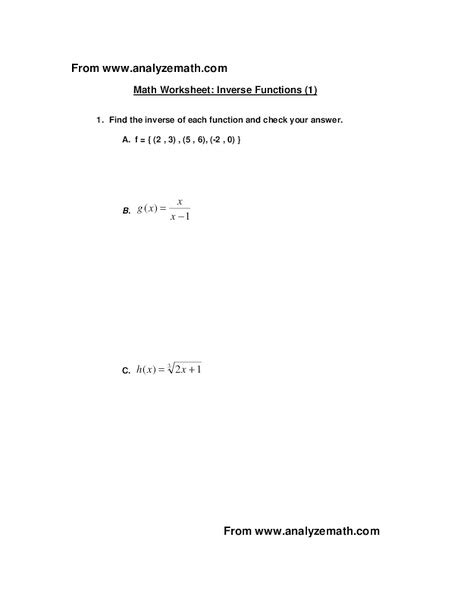 Inverse Functions Worksheet For 10th 12th Grade Lesson Planet