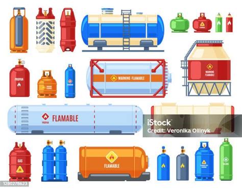 위험한 가스 용기 가스 강철 실린더 및 탱크 부탄 산소 또는 헬륨 금속 용기 인화성 가스 실린더 벡터 일러스트레이션 세트 액화 석유 가스에 대한 스톡 벡터 아트 및 기타
