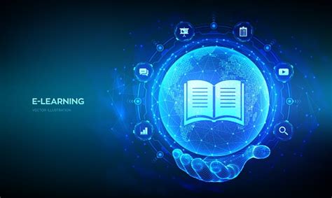 E러닝 혁신적인 온라인 교육 기술 개념 세계지도 포인트 및 선 구성 손에 지구 행성 지구 웨비나 온라인 교육 과정 기술 개발 벡터 그림입니다 개발에 대한 스톡 벡터 아트 및