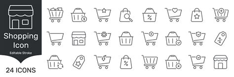 쇼핑 카트 및 상점 전선 아이콘 세트 전자 상거래 소매 및 온라인 쇼핑 개요 기호 컬렉션 할인 검색 및 보안 기능 편집 가능한 스트로크 고립 된 벡터 일러스트 레이 션