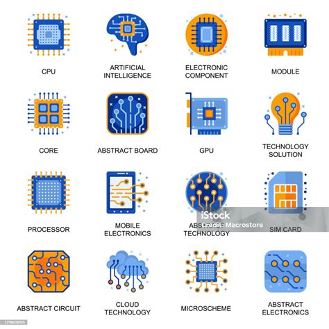 평평한 스타일로 설정된 전자 제품 아이콘입니다 인공 지능 Cpu 코어 Gpu 모듈 컴퓨터 프로세서 기술 솔루션 마이크로 구성표 표지판 아이콘에 대한 스톡 벡터 아트 및 기타