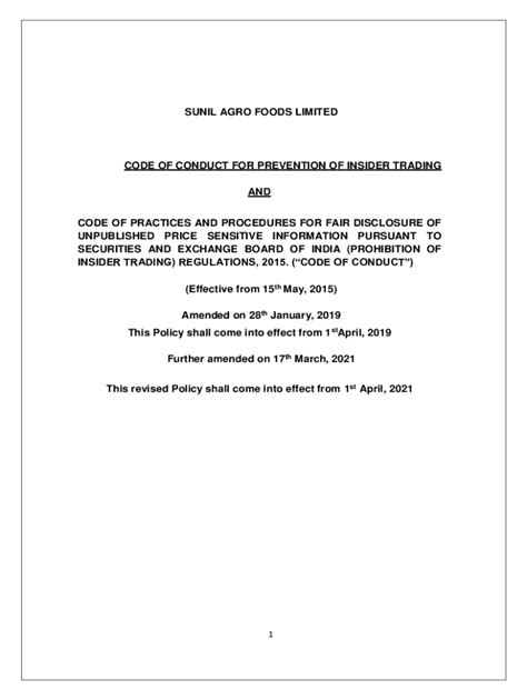 Fillable Online Sunil Agro Foods Limited Code Of Conduct For The