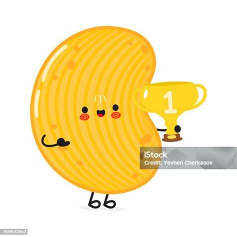 귀여운 재미있는 칩은 금 트로피 컵을 들고 있습니다 벡터 손으로 그린 만화 Kawaii 캐릭터 그림 아이콘입니다 흰색 배경에