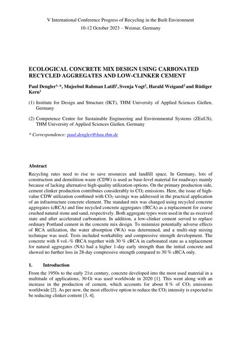 Pdf Ecological Concrete Mix Design Using Carbonated Recycled Aggregates And Low Clinker Cement