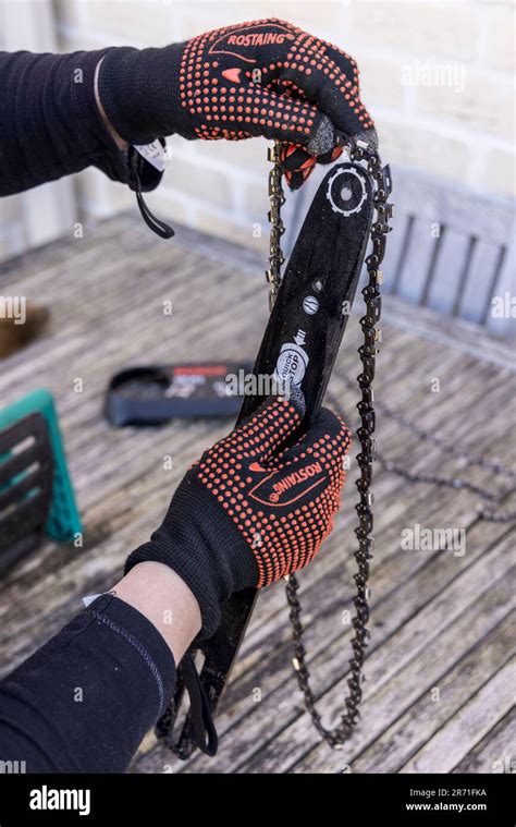 Changing The Chain On An Electric Chainsaw Stock Photo Alamy