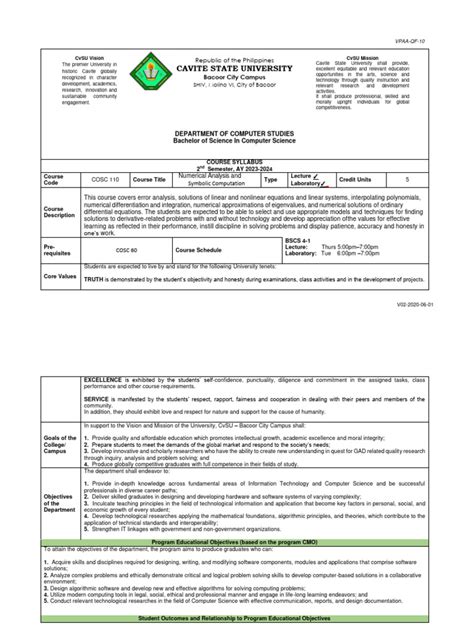 Bscs 4 1 Cosc 110 Syllabus Pdf Numerical Analysis Computing