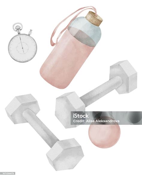 덤벨과 스톱워치 클립아트가 있는 물병 여성 휘트니스 운동 장비는 하얀 고립된 배경에 놓여 있다 손으로 그린 수채화 핑크 스포츠 액세서리 체육관 운동 키트 그리기 수채화에