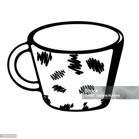 흰색 배경에 고립 된 뜨거운 차 또는 커피컵의 흑백 손 드로잉 윤곽 벡터 일러스트레이션 귀여운에 대한 스톡 벡터 아트 및 기타