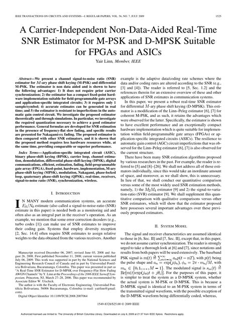 PDF A Carrier Independent Non Data Aided Real Time SNR Estimator For M PSK And D MPSK Suitable