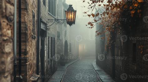 A Foggy Cobblestone Alley Illuminated By A Vintage Lantern Evoking A