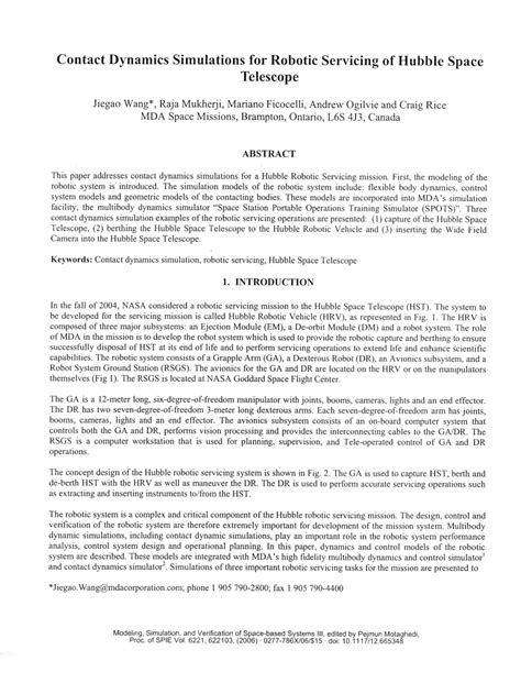 Pdf Contact Dynamics Simulations For Robotic Servicing Of The Hubble Space Telescope