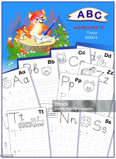 운동이 포함된 어린이 학교 워크북을 위한 표지 알파벳 문자를 추적하는 방법을 배웁니다 학교로 돌아 가기 어린이를 위한 온라인 교육 페이지가 있는 Abc 책 교과서에 대한