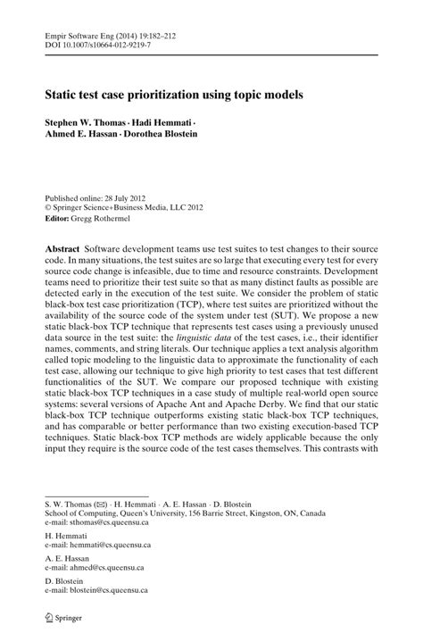 pdf static test case prioritization using topic models