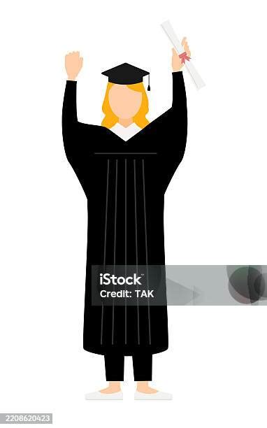 졸업식 가운과 사각형 모자를 쓴 백인 여성 졸업생이 졸업장을 들고 배짱을 때리는 간단한 그림 공부에 대한 스톡 벡터 아트 및 기타 이미지 Istock